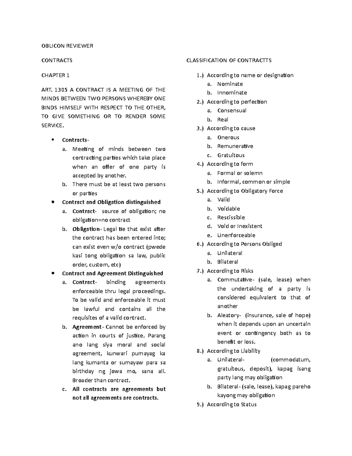 Oblicon Reviewer - OBLICON REVIEWER CONTRACTS CHAPTER 1 ART. 1305 A ...