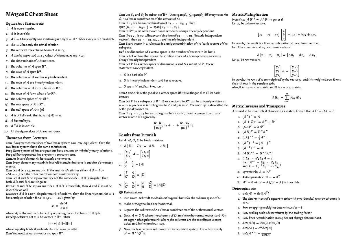 MA1508E - Summary Linear Algebra for Engineering - MA1508E Cheat Sheet Equivalent Statements A ...
