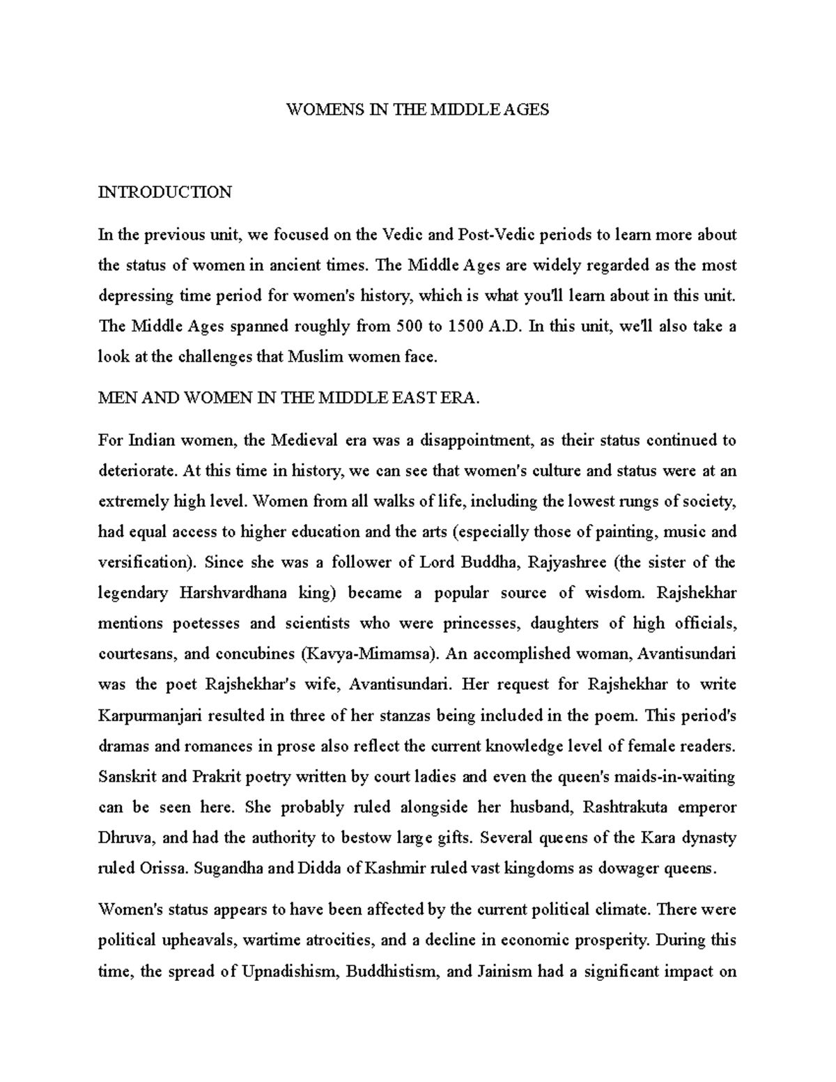 Women IN THE Middle AGES - WOMENS IN THE MIDDLE AGES INTRODUCTION In ...