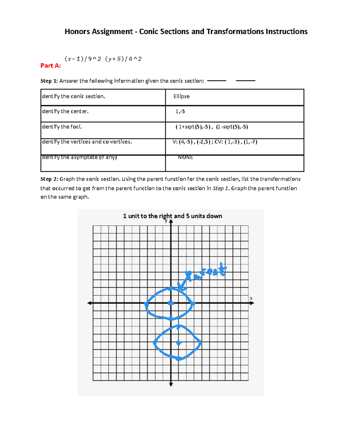 Conic Answer - wasd - Honors Assignment - Conic Sections and Transformations Instructions ( 𝑥 − ...