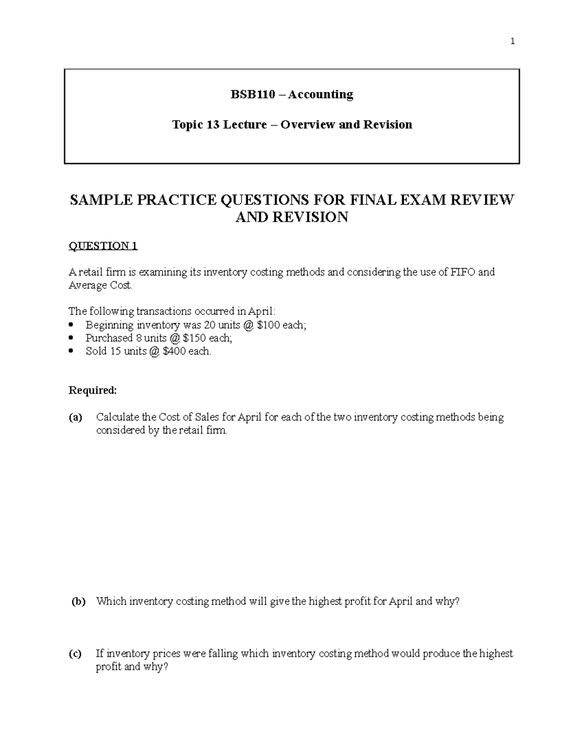 Topic 13 Revision Lecture - BSB110 – Accounting Topic 13 Lecture ...