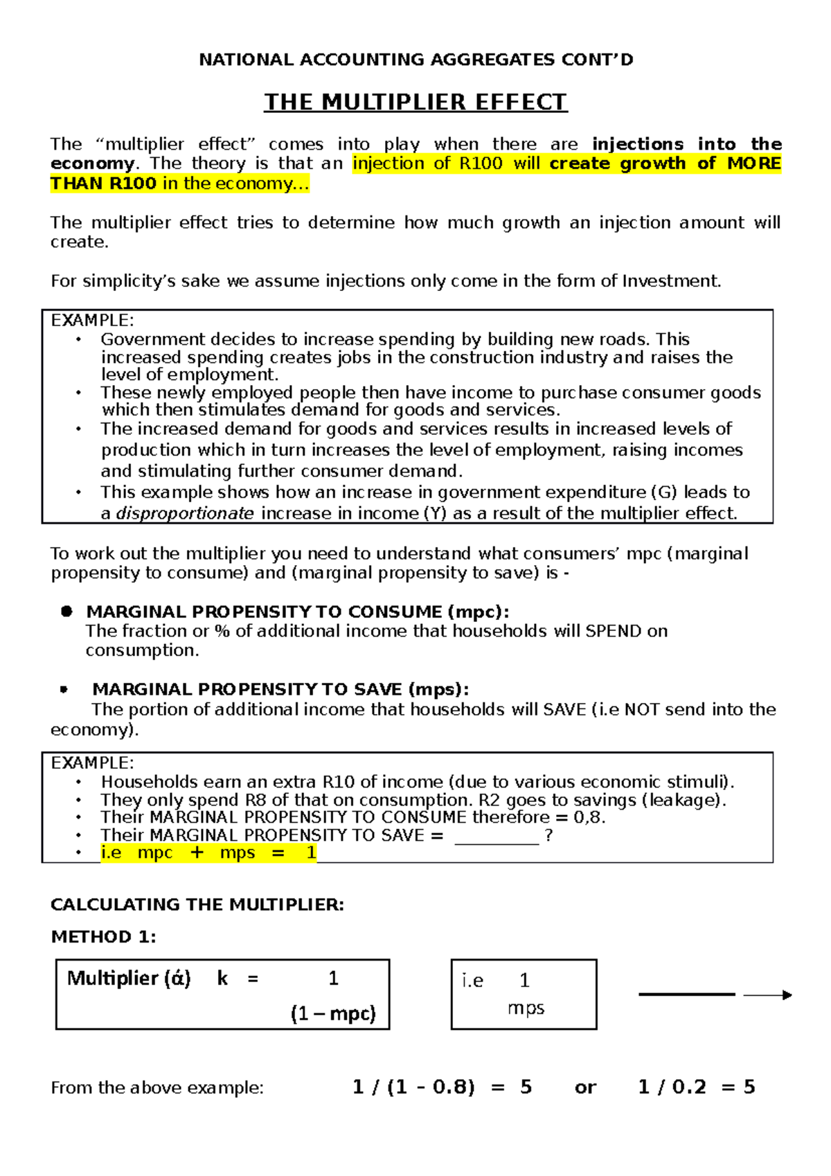 Multiplier Note - NATIONAL ACCOUNTING AGGREGATES CONT’D THE MULTIPLIER ...