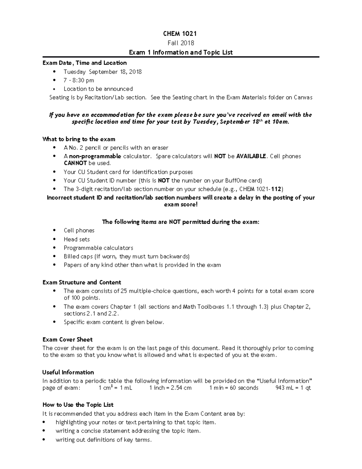Exam 1 Topic List - CHEM 1021 Fall 2018 Exam 1 Information and Topic ...