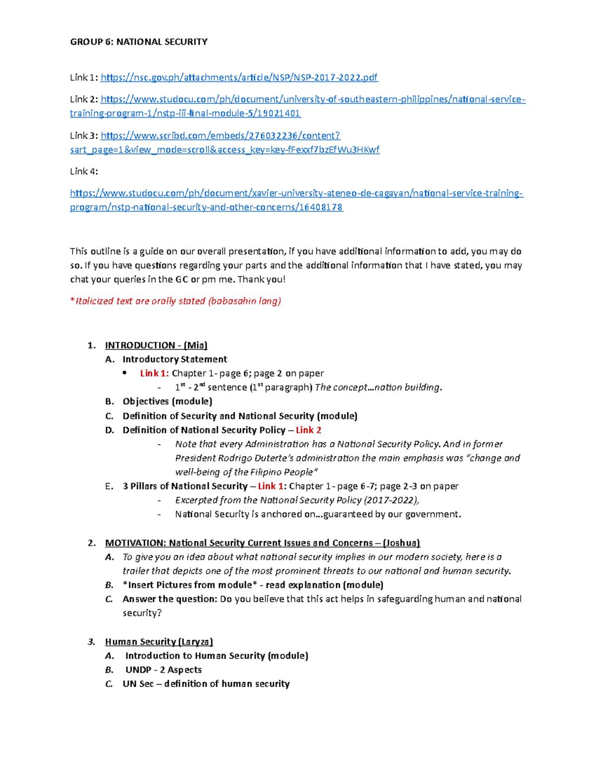 National- Security- Outline - GROUP 6: NATIONAL SECURITY Link 1: - Studocu