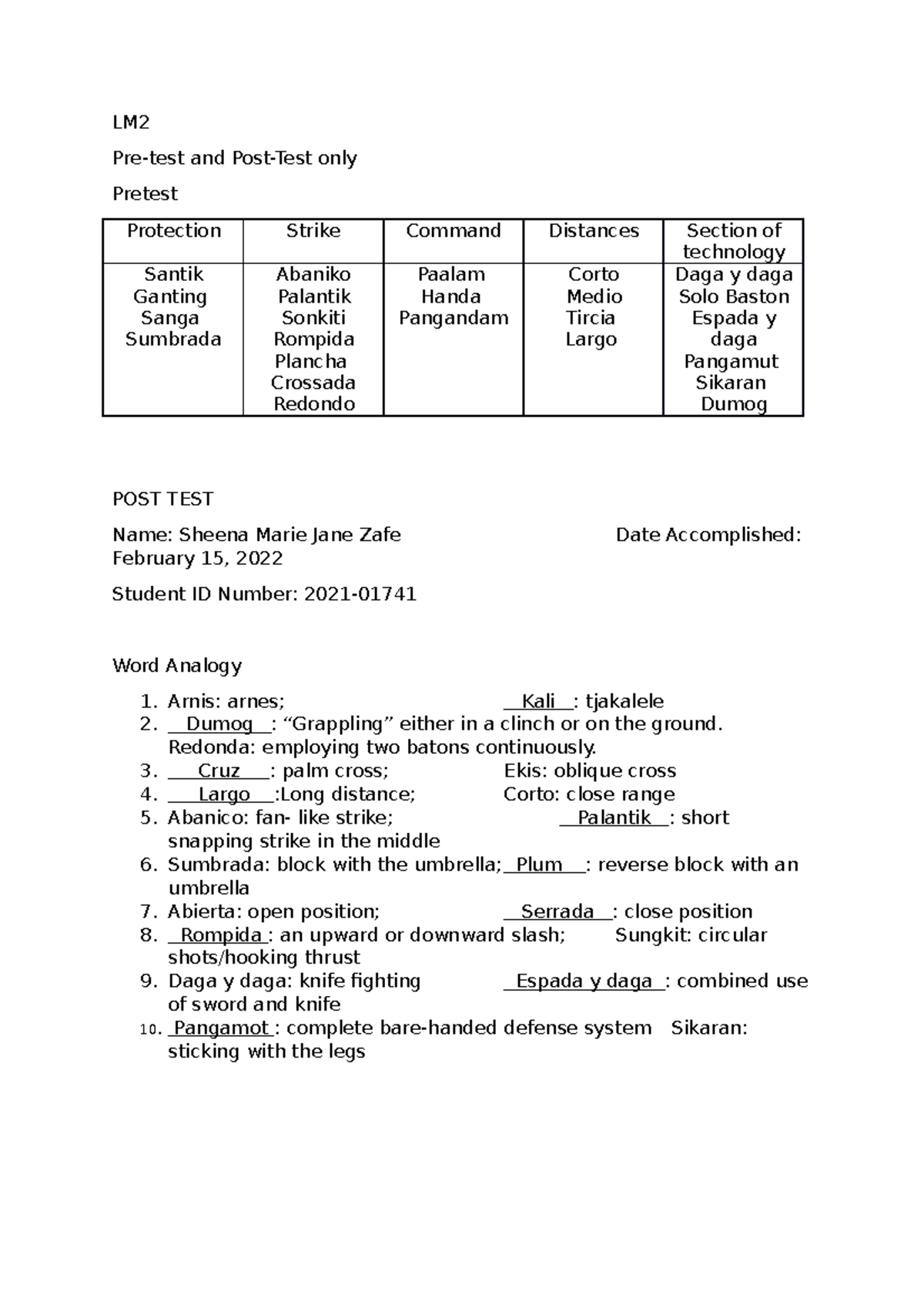 LM2 Self defense - sdsx - LM Pre-test and Post-Test only Pretest ...