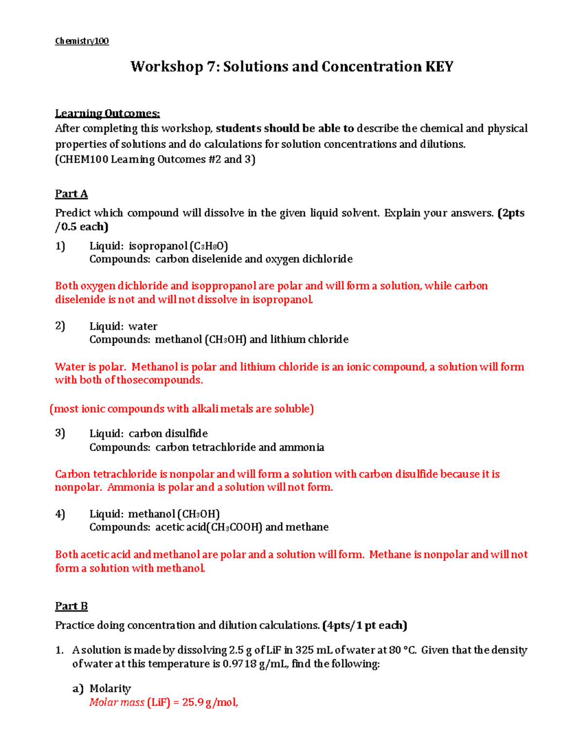 Wk #7 key - ANSWER KEY TO WORKSHOP 7 - Chemistry Workshop 7: Solutions ...