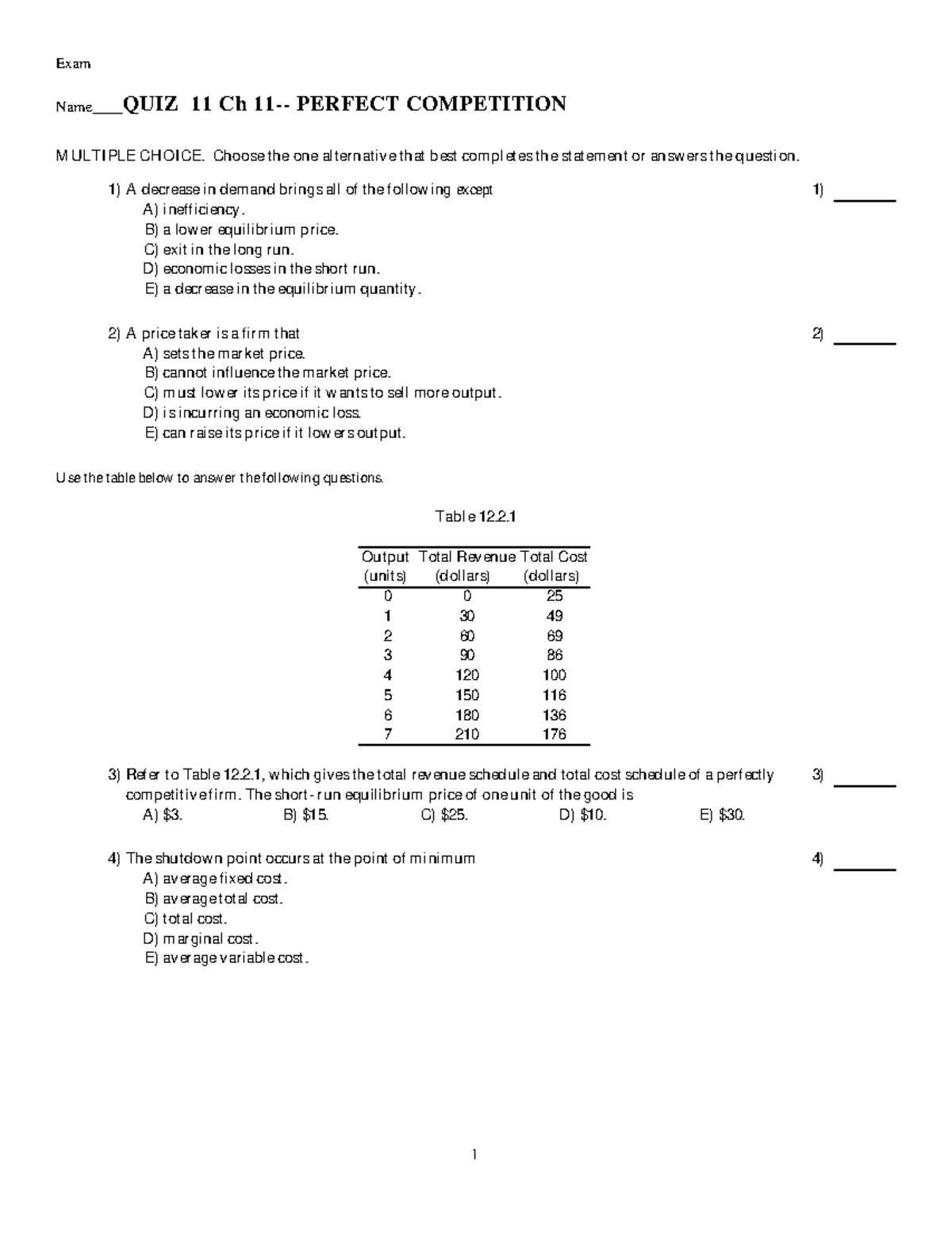 QUIZ 11 Ch 11 - Perfect Competition - Exam Name____QUIZ 11 Ch 11 ...
