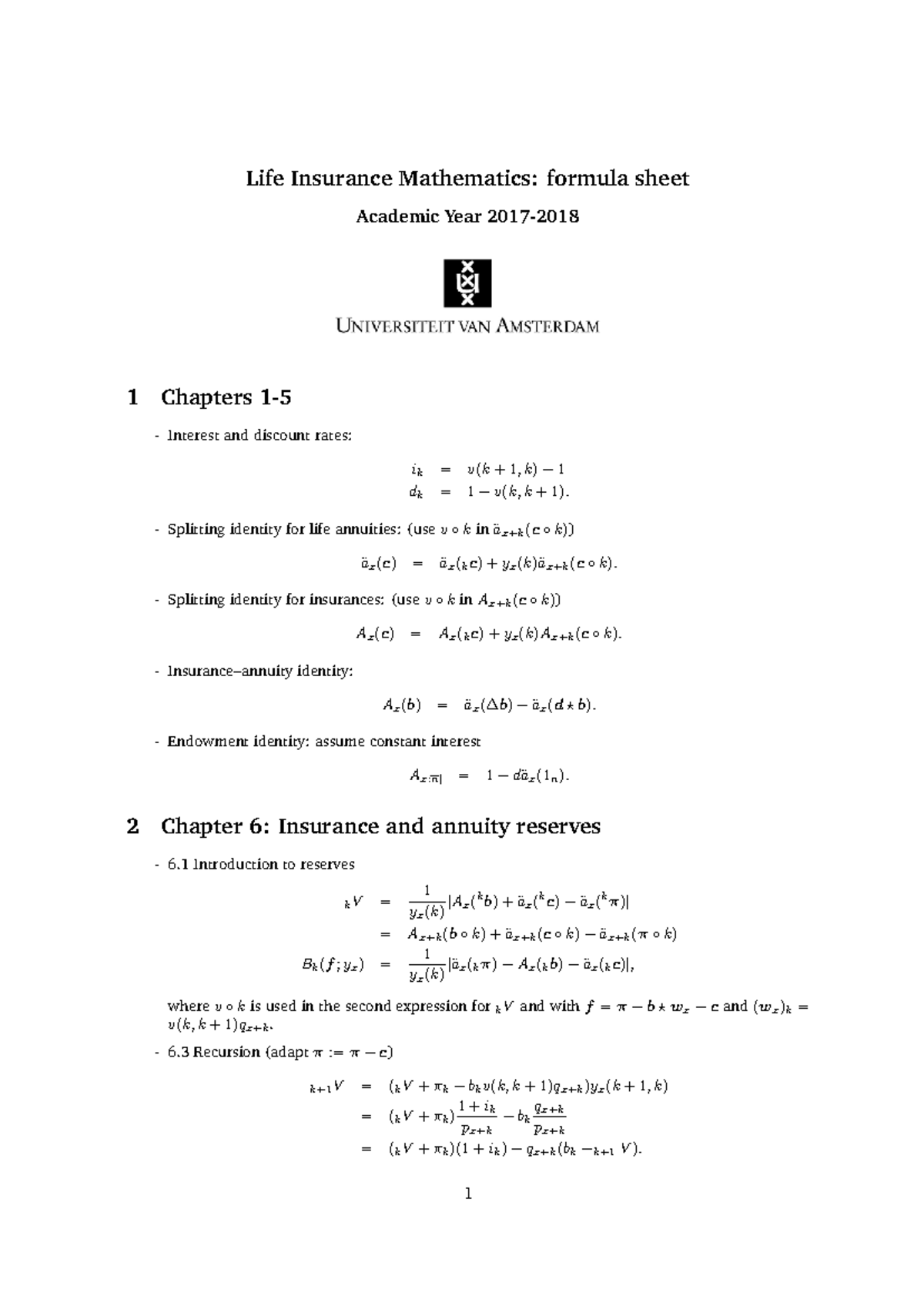 2017-09 Formularium - Formuleblad - Life Insurance Mathematics: formula ...