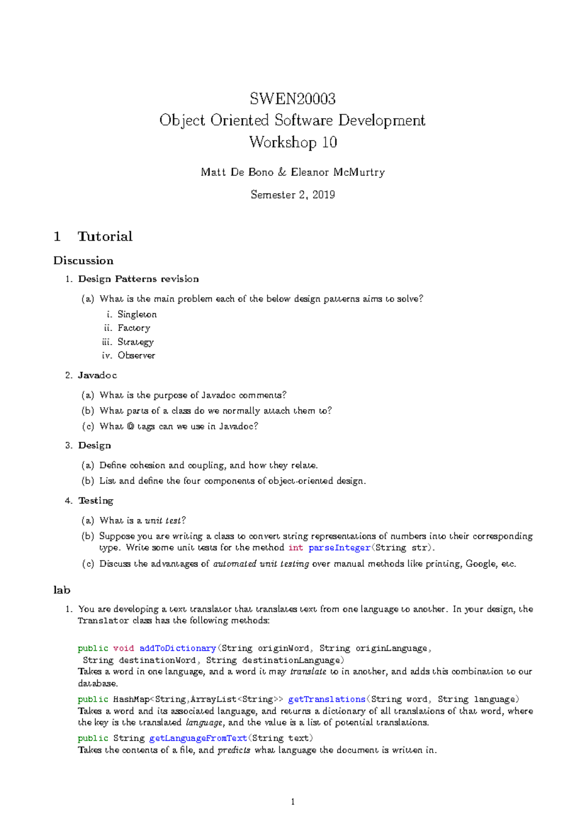 Tutorial-10 - Tutorial sheet of week 11 - SWEN Object Oriented Software Development Workshop 10 ...