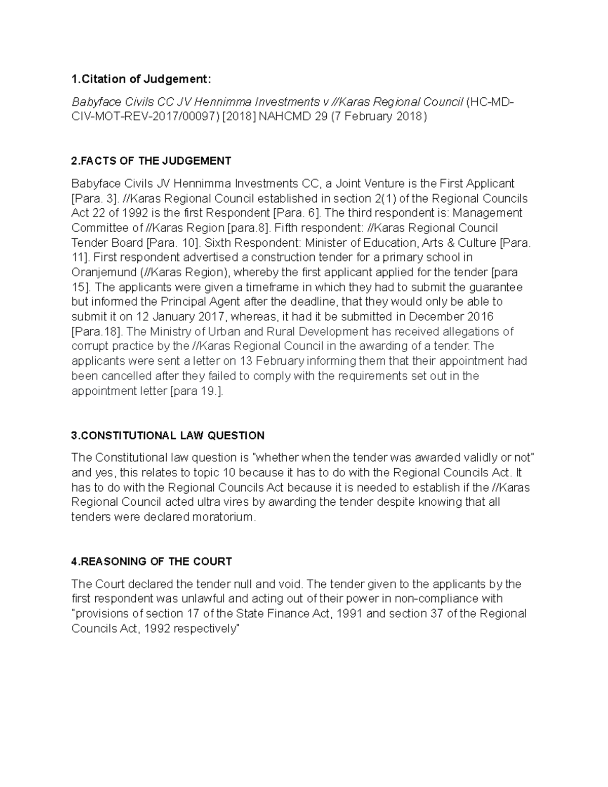 Topic 10 Workshop - Summaries - 1 of Judgement: Babyface Civils CC JV ...