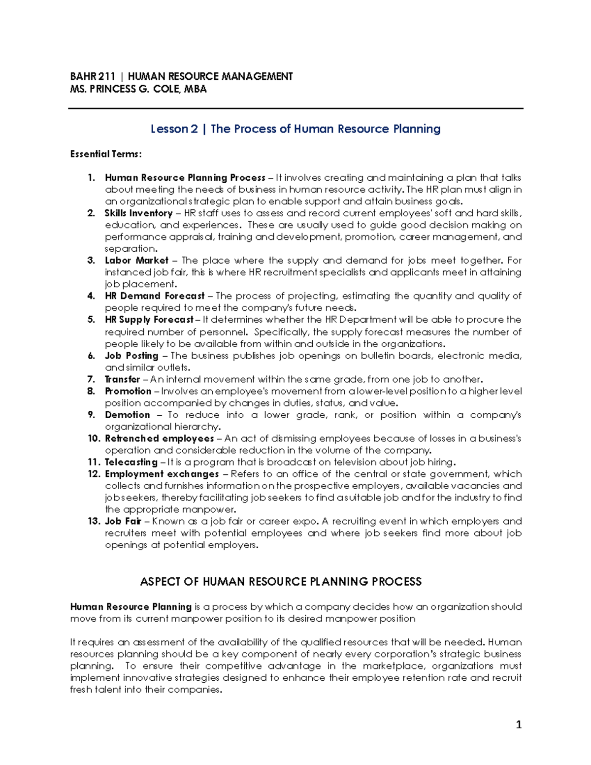 Lesson 2 The Process of HR Planning - BAHR 211 | HUMAN RESOURCE MANAGEMENT MS. PRINCESS G. COLE ...