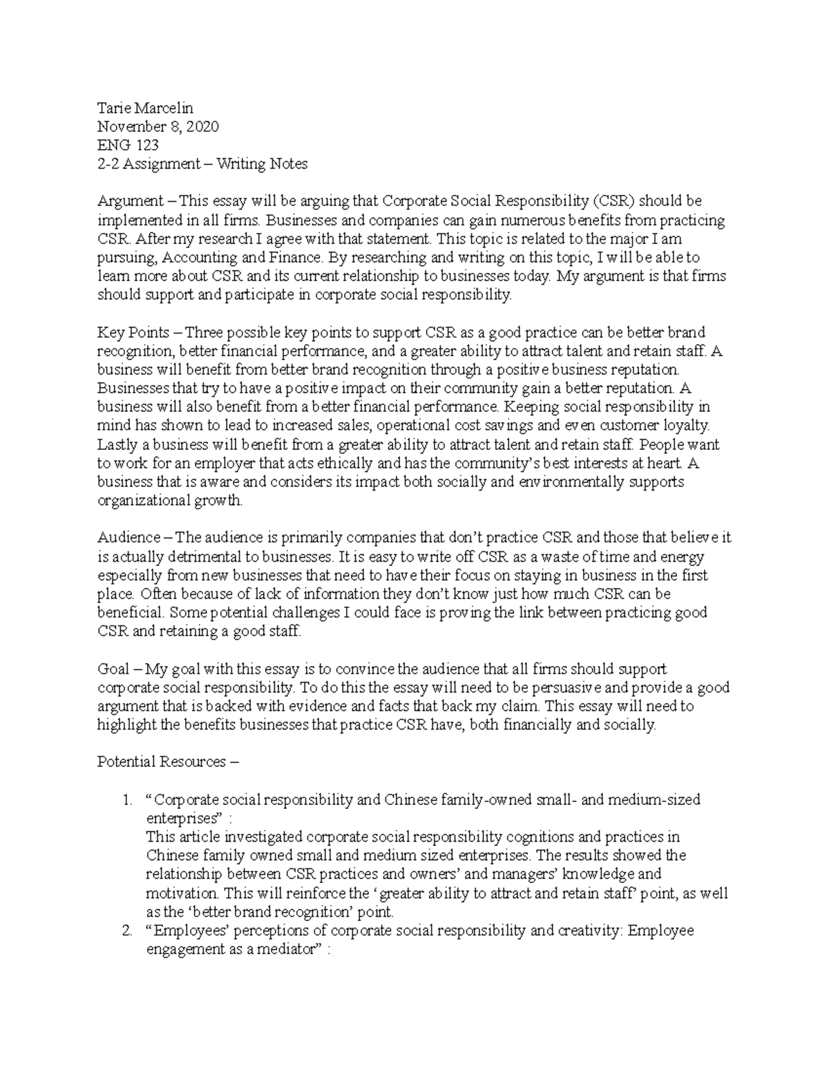 2-2 Assignment 1, Milestone 1 - Writing Notes - Tarie Marcelin November ...