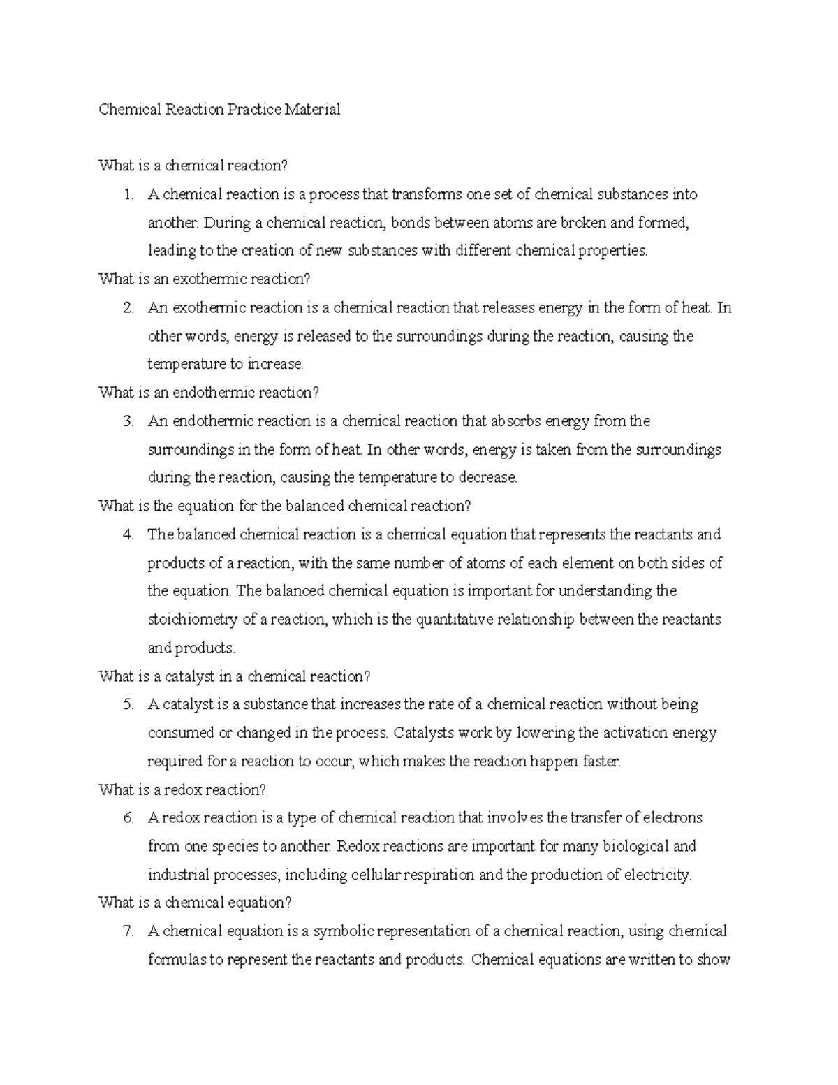 Chemical Reaction Practice Material - A chemical reaction is a process ...