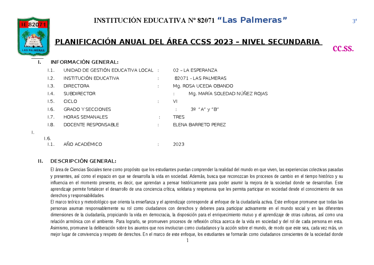 Planificación Anual 3º - PLANIFICACIÓN ANUAL DEL ÁREA CCSS 2023 – NIVEL SECUNDARIA I ...