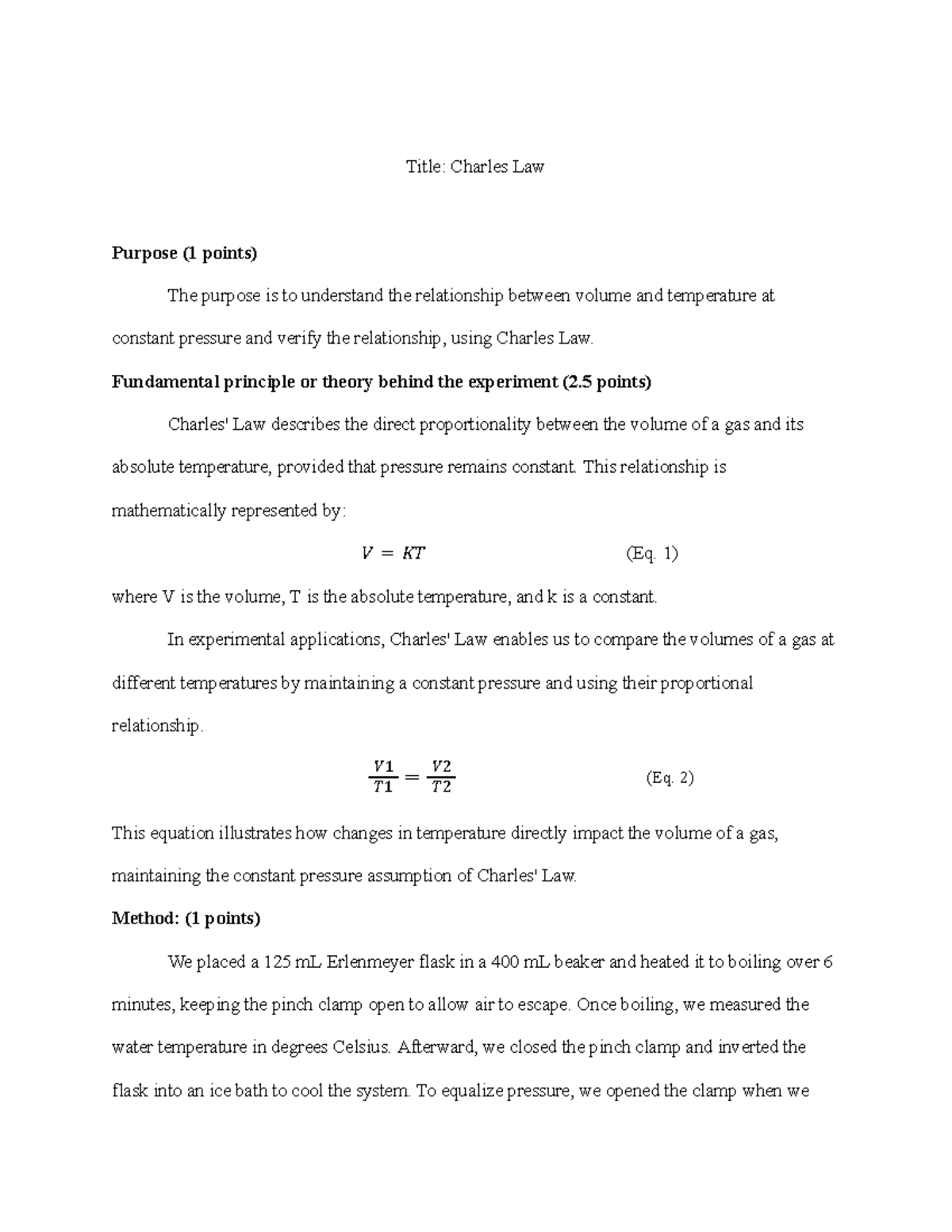 Lab report 10 - Charles Law - Title: Charles Law Purpose (1 points) The ...