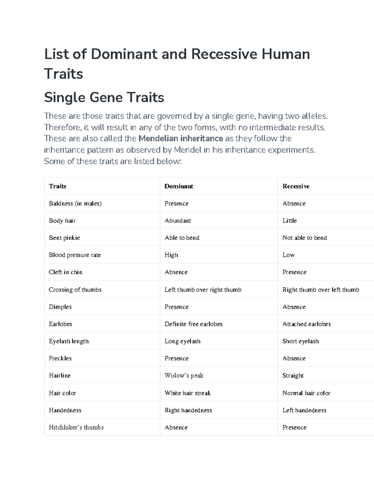 List of Dominant and Recessive Human Traits - List of Dominant and ...