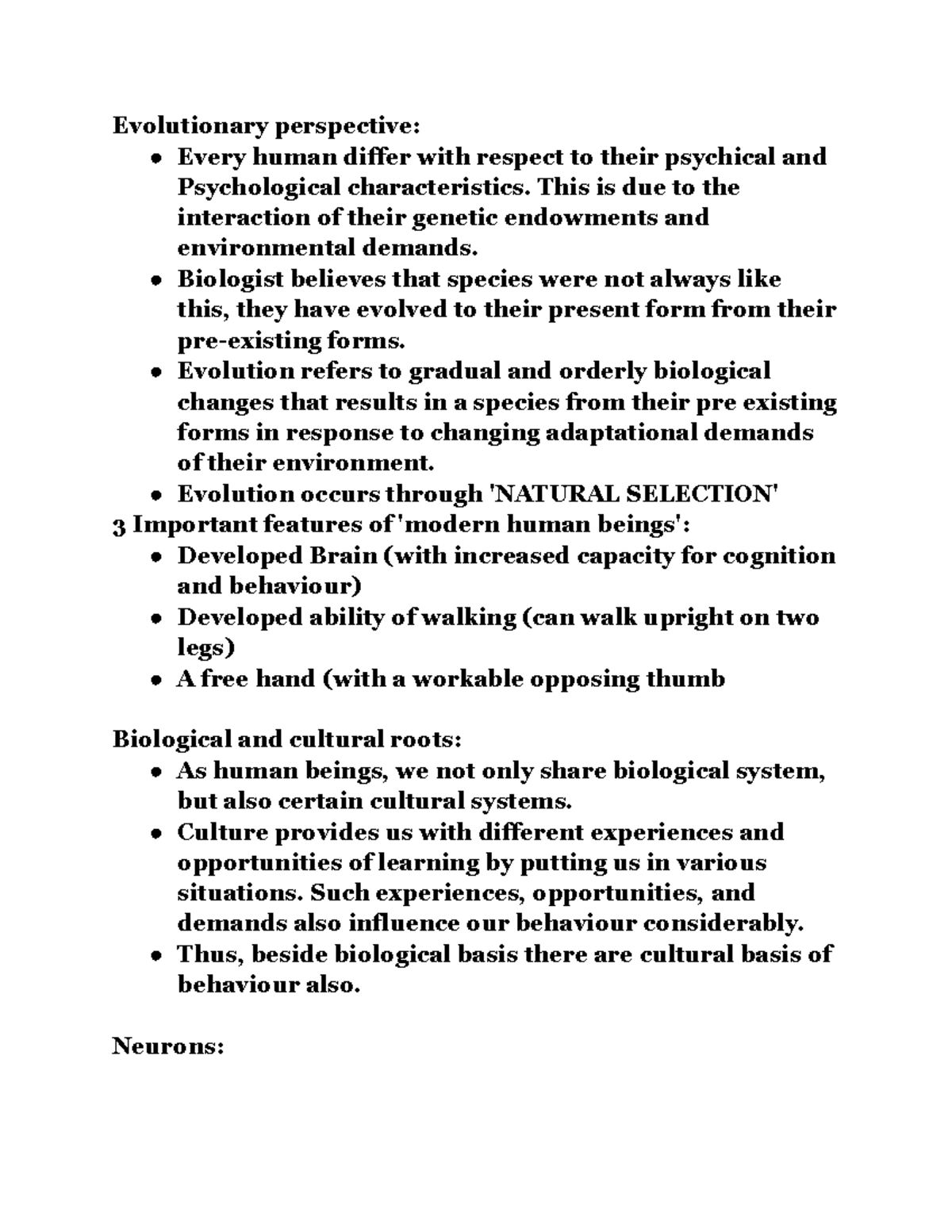 in class lecture notes psych - Evolutionary perspective: Every human ...