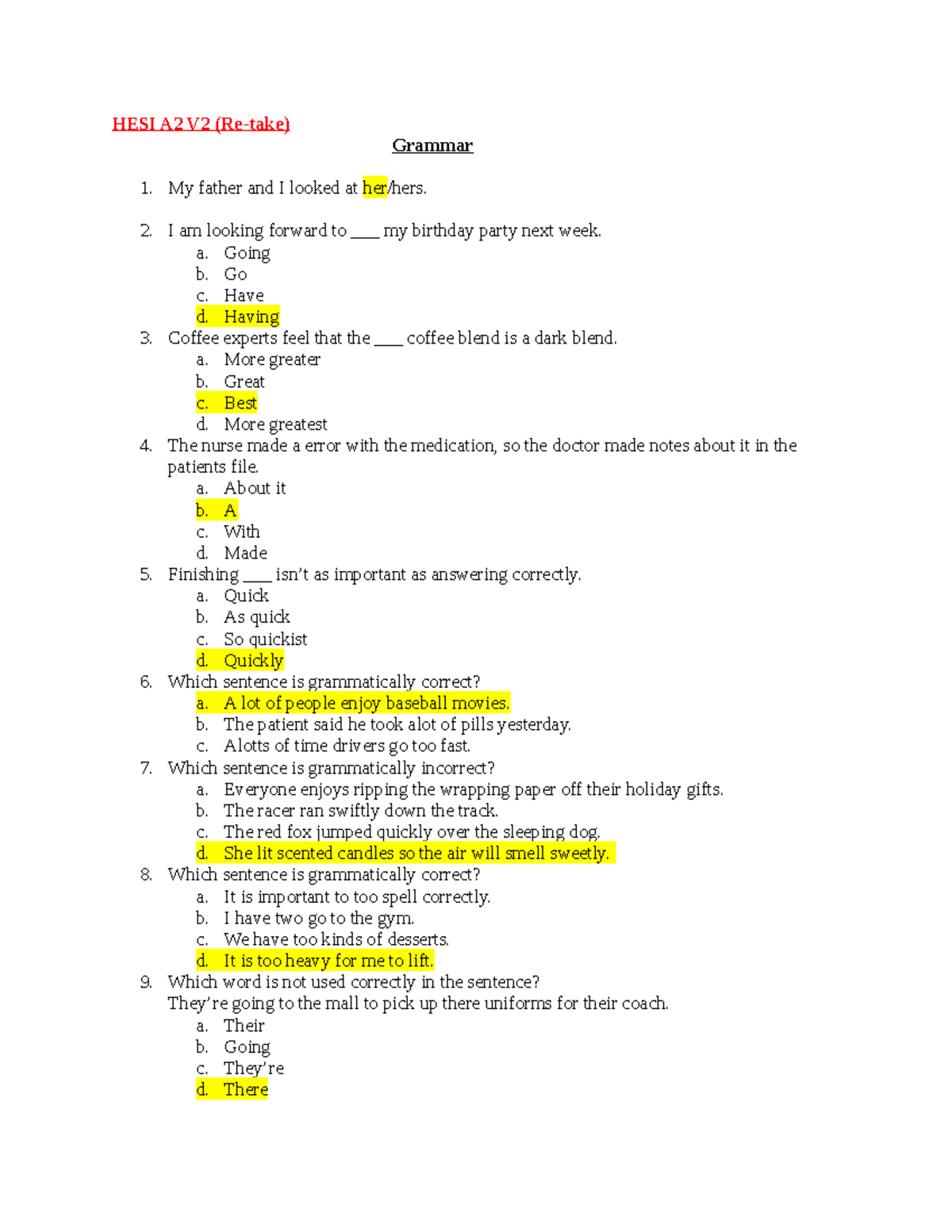 HESI A2 V2 Study Guide 1 - n/a - HESI A2 V2 (Re-take) Grammar My father ...