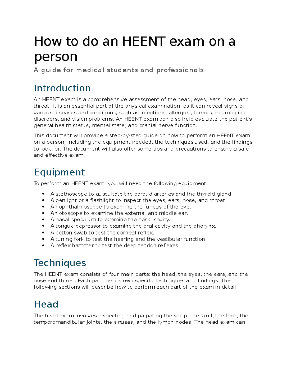 HEENT document detailed exam - How to do an HEENT exam on a person A ...