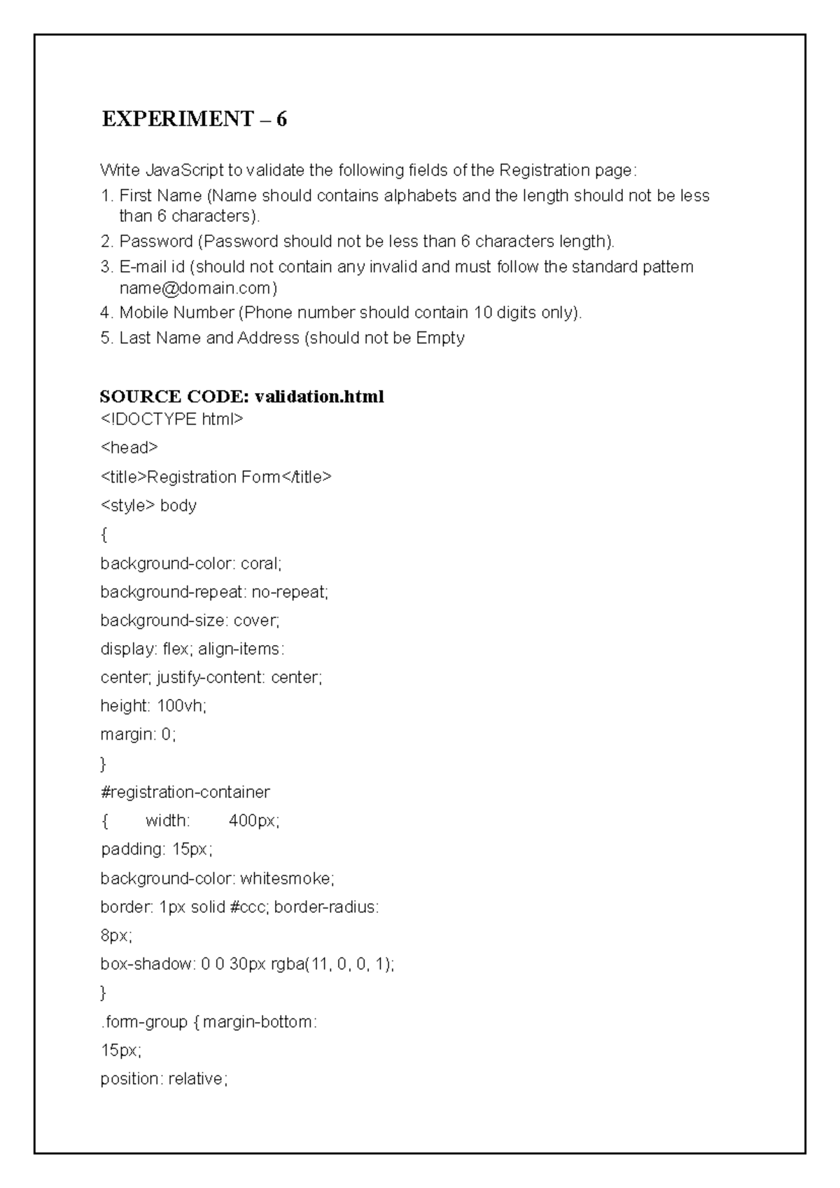 Experiment 6 team 9 - EXPERIMENT – 6 Write JavaScript to validate the ...