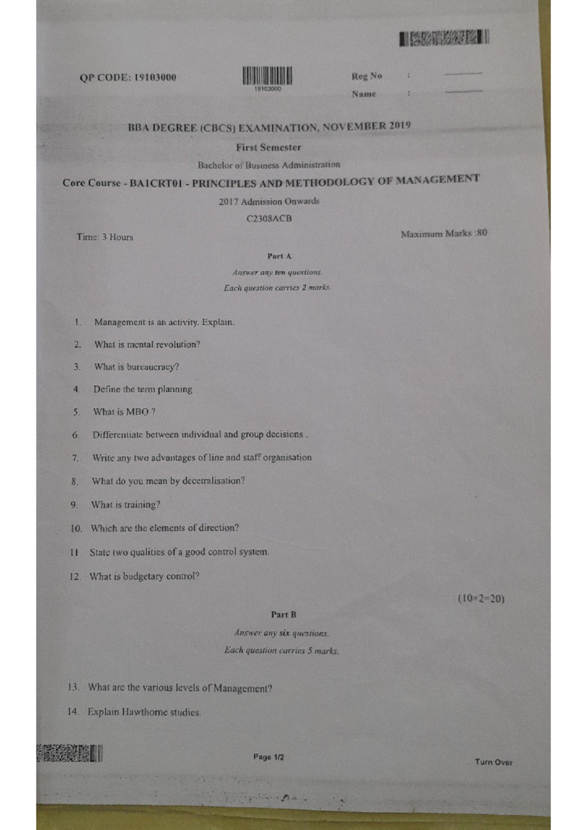 Sem -1 management-2019 - E QP CODE: Reg No : Name : BBA DEGREE (CBCS) EXAMINATION, NOVEMBER 2019 ...