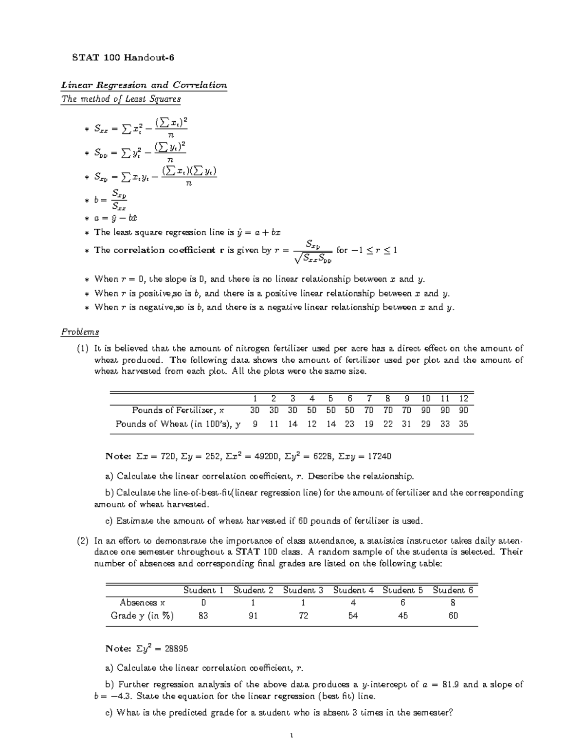 Handout 6 - ITS FOR STUDYING BASICS - STAT 100 Handout- Linear Regression and Correlation The ...