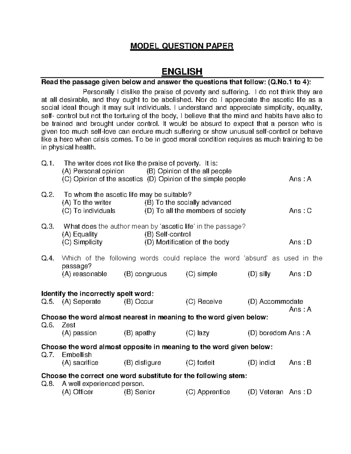 English MQP - Bsc - MODEL QUESTION PAPER ENGLISH Read the passage given ...