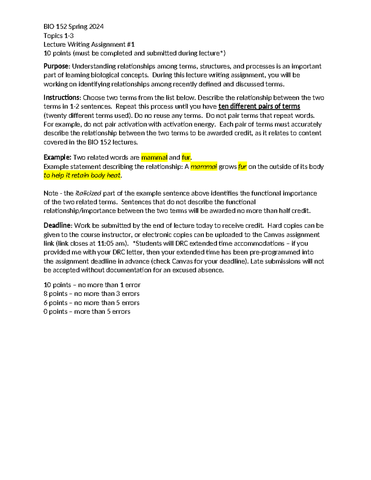 Written Lecture Assignment #1 Word Pairs - BIO 152 Spring 2024 Topics 1- Lecture Writing ...