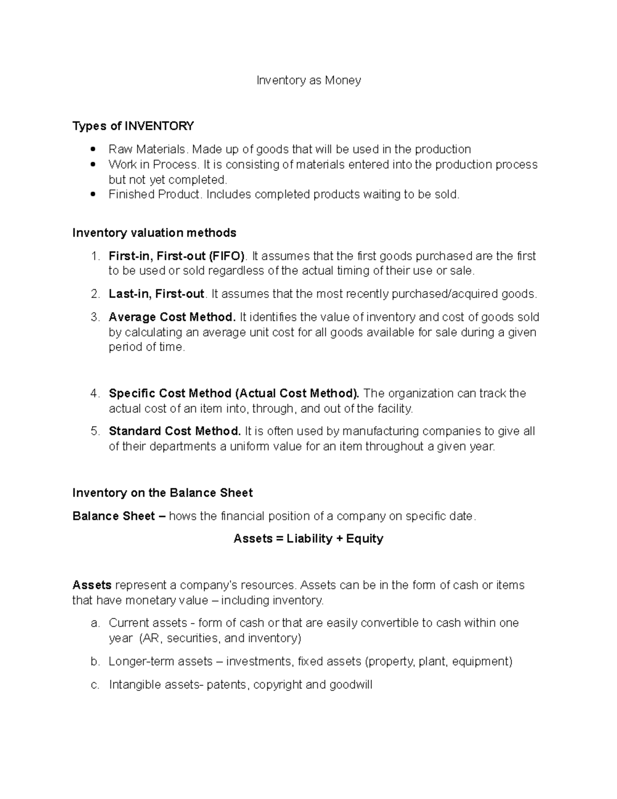 Inventory as Money - Inventory as Money Types of INVENTORY Raw ...
