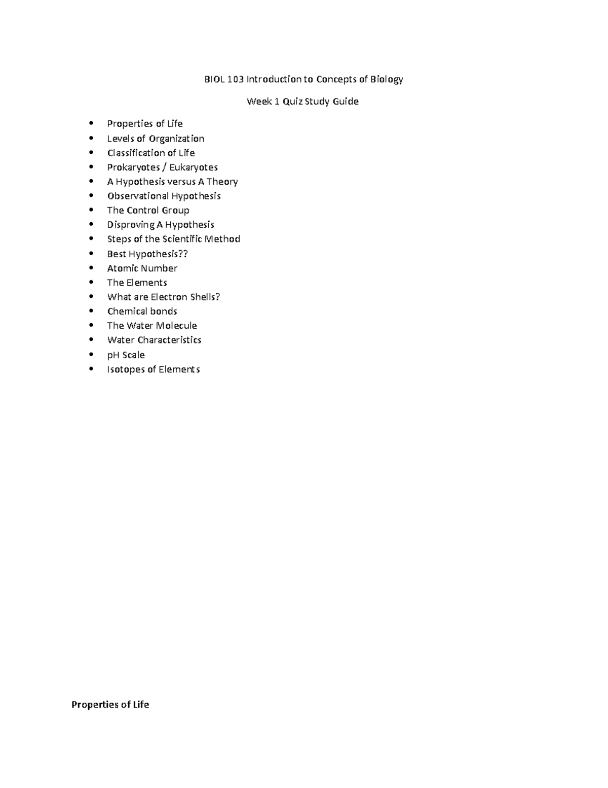 Study Guide Week 1 Quiz1 - BIOL 103 Introduction to Concepts of Biology ...