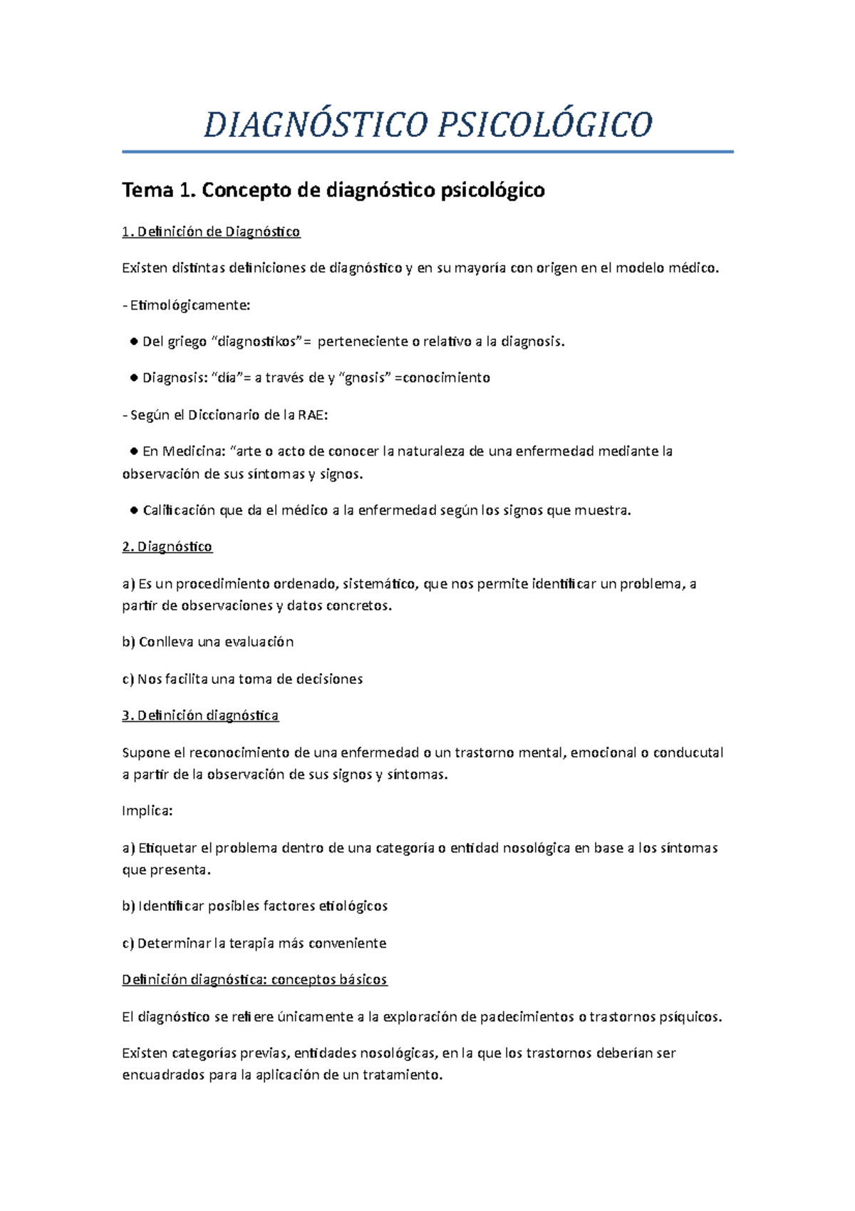 Teoría Diagnóstico - DIAGNÓSTICO PSICOLÓGICO Tema 1. Concepto de ...