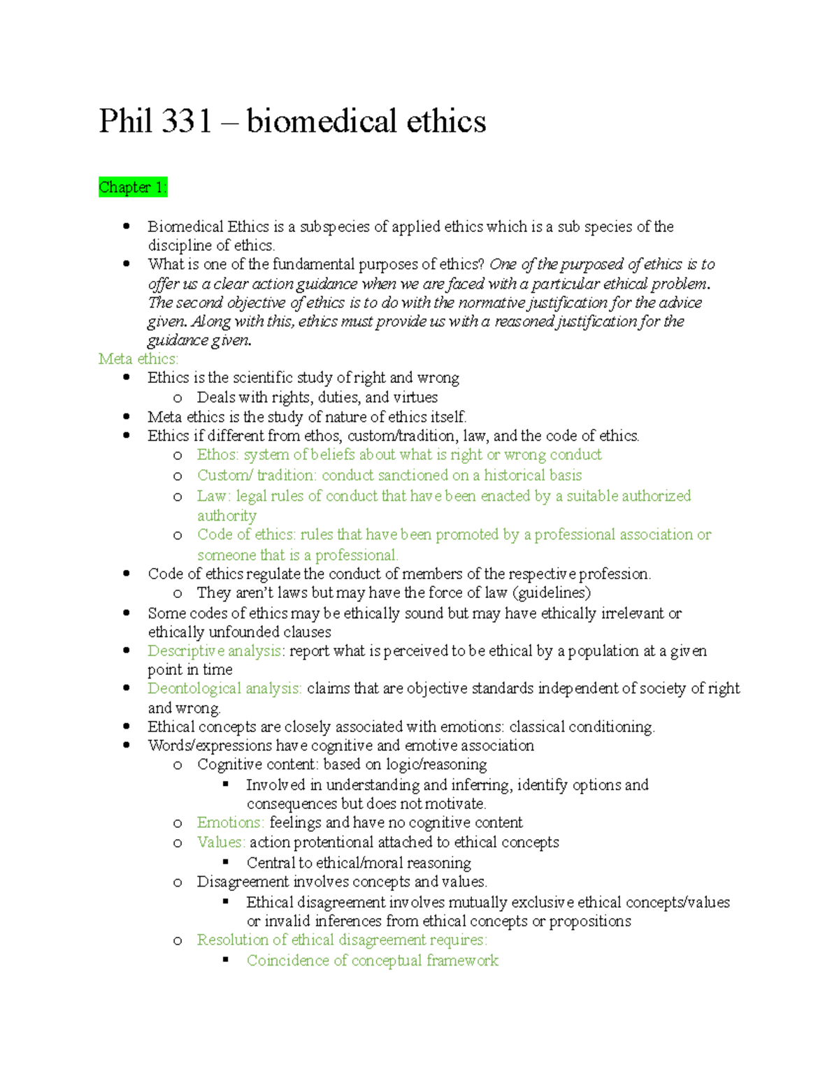 Lecture notes - Phil 331 – biomedical ethics Chapter 1: Biomedical ...