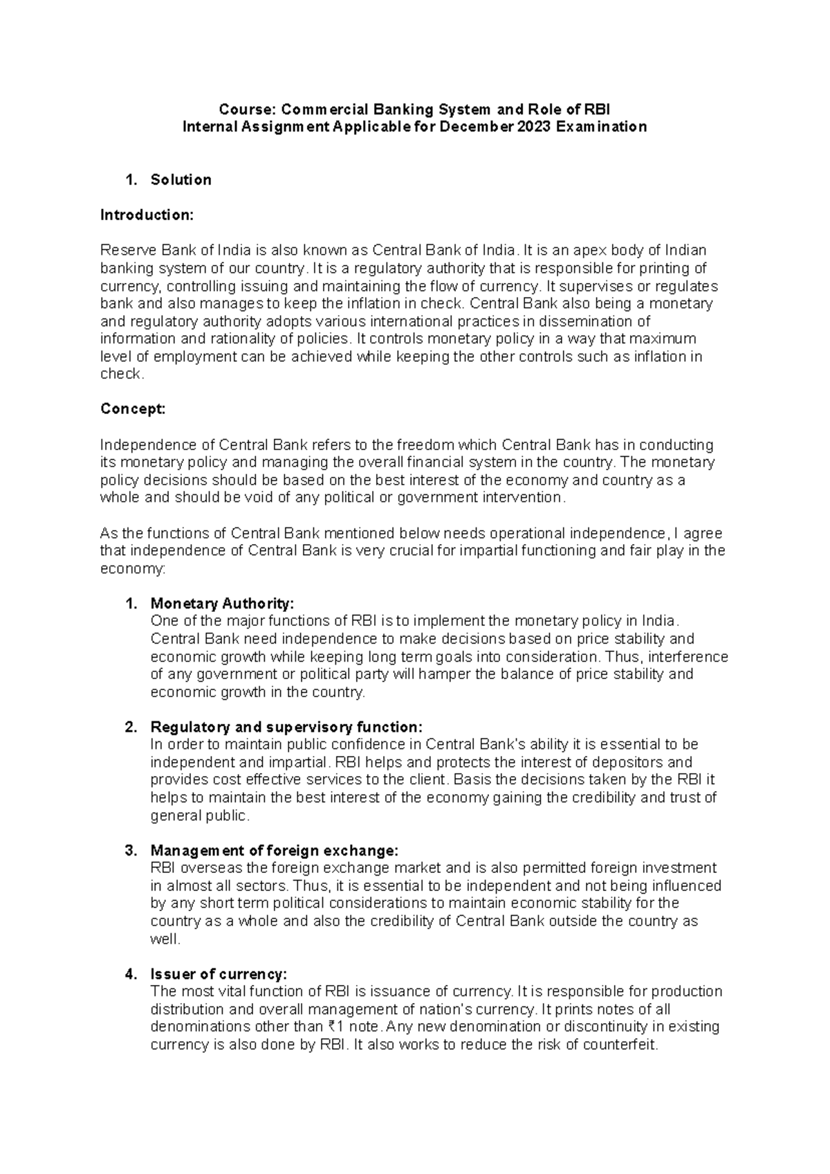 Commercial Banking System and Role of RBI Dec 2023 - Course: Commercial Banking System and Role ...