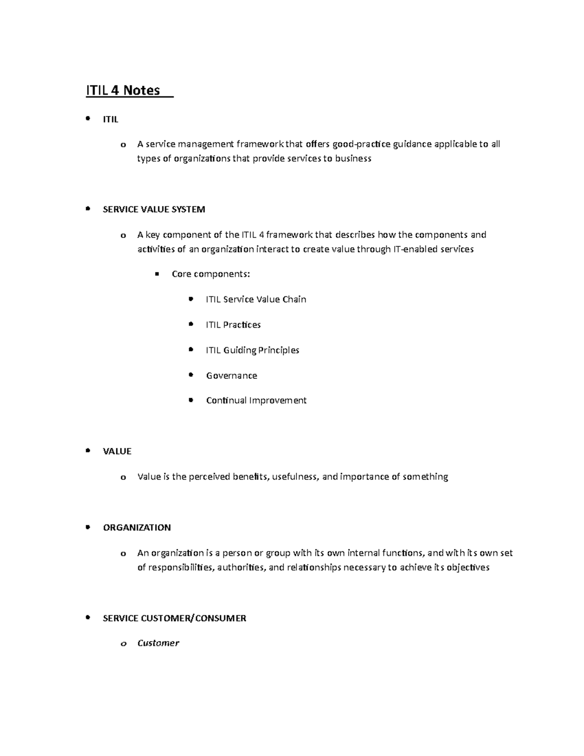 ITIL4 Study Notes - ITIL 4 Notes ITIL o A service management framework ...