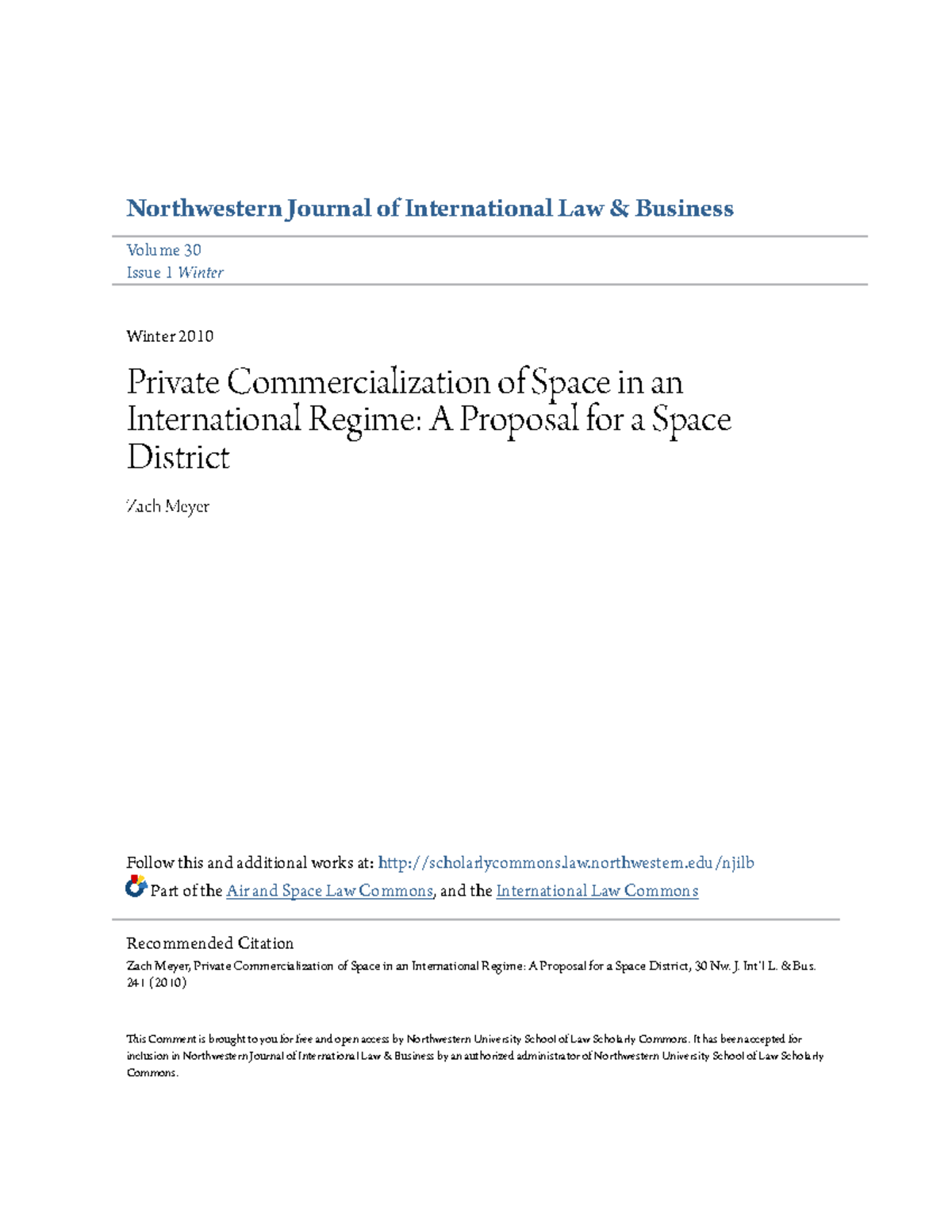 Private Commercialization of Space in an International Regime A ...