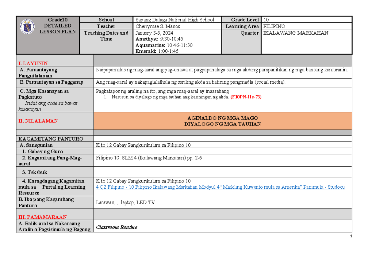 FIL10 Q2WK4- Aginaldo ng mga Mago DLP - Grade DETAILED LESSON PLAN ...