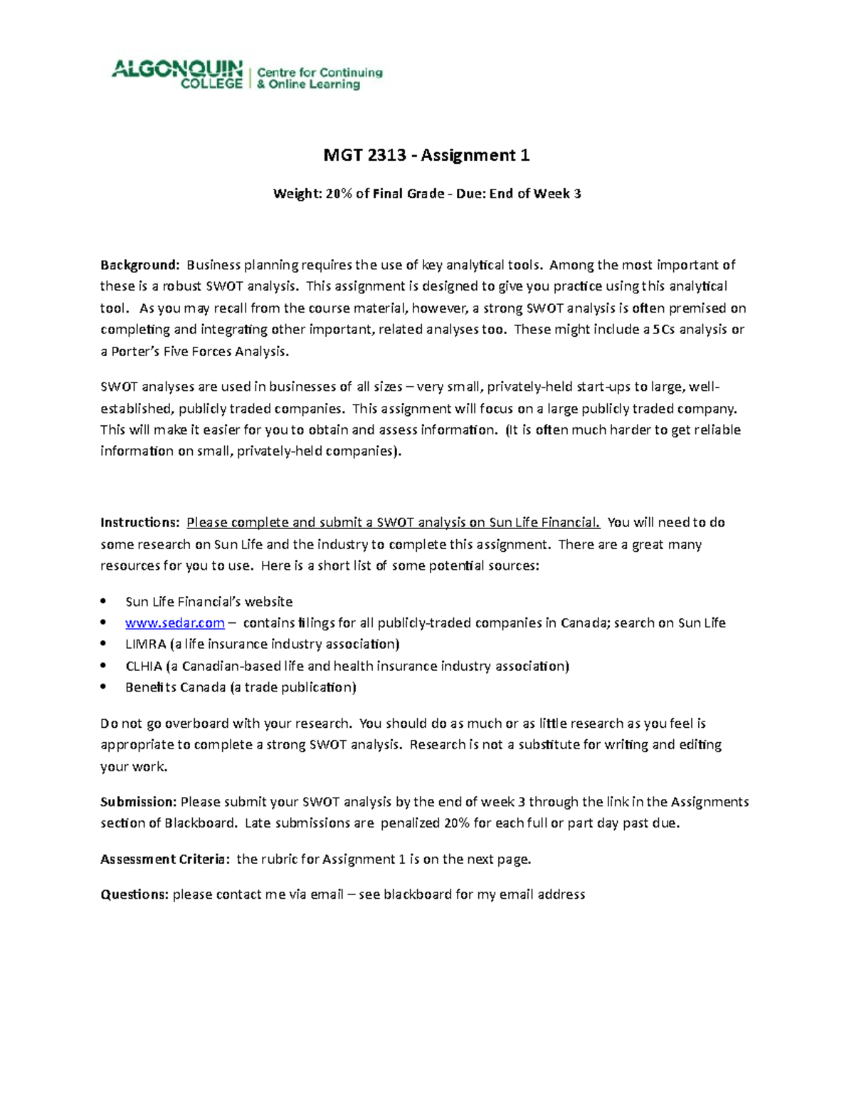 MGT2313 - Assignment 1 - CAT - MGT 2313 - Assignment 1 Weight: 20% of ...