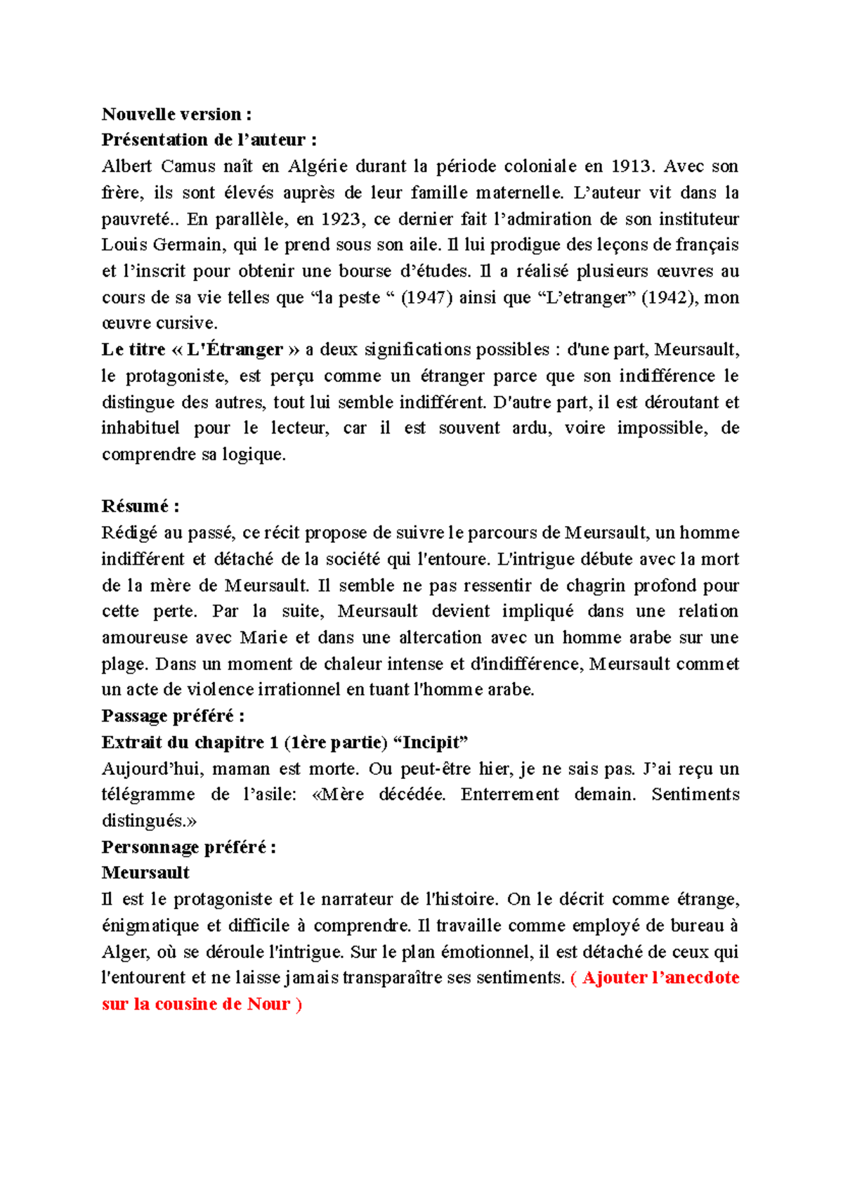 Oeuvre cursive l'étranger - Nouvelle version : Présentation de l’auteur : Albert Camus naît en ...