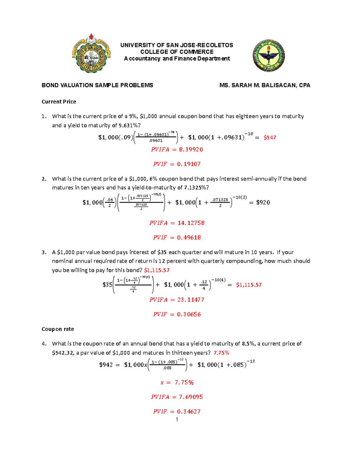 Acctg 106 Bond Valuation Sample Questions - UNIVERSITY OF SAN JOSE ...
