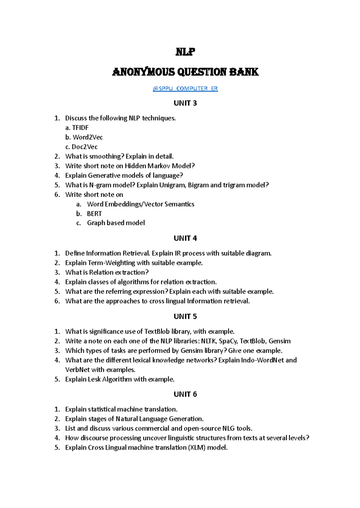 NLP Anonymous Question BANK - NLP ANONYMOUS QUESTION BANK @SPPU_COMPUTER_ER UNIT 3 Discuss the ...