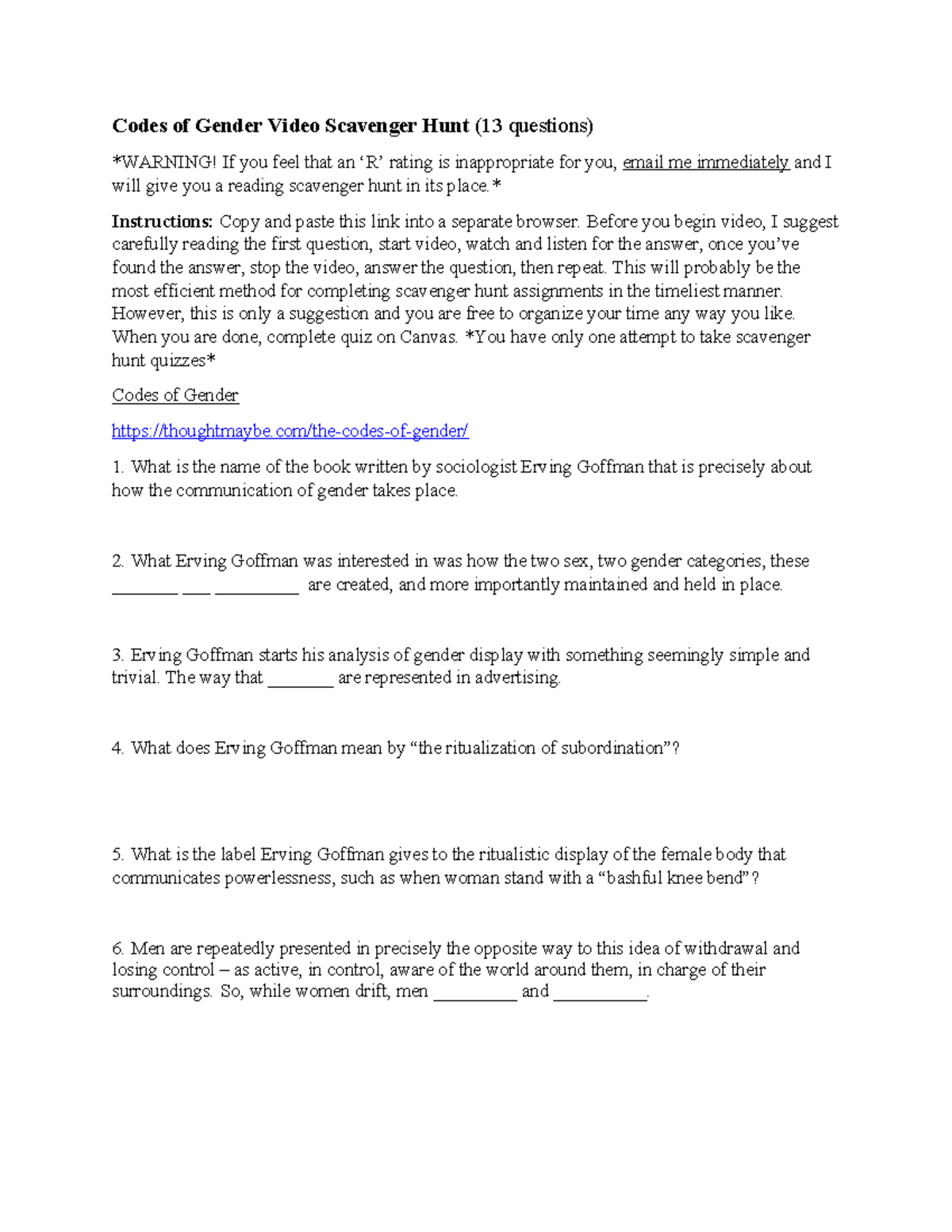 Codes of Gender Video Scavenger Hunt-1 - * Instructions: Copy and paste ...