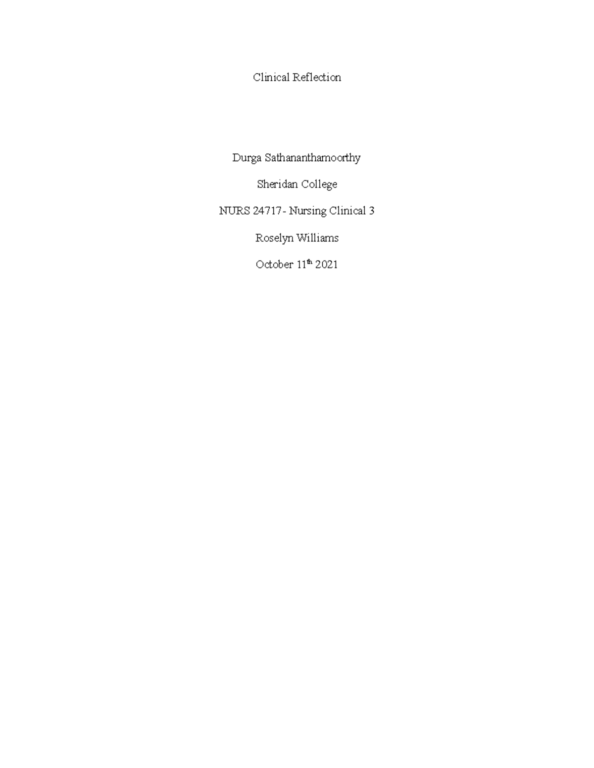 Clinical Reflection -Clinical Placement - SOCI 240 - Humber College ...