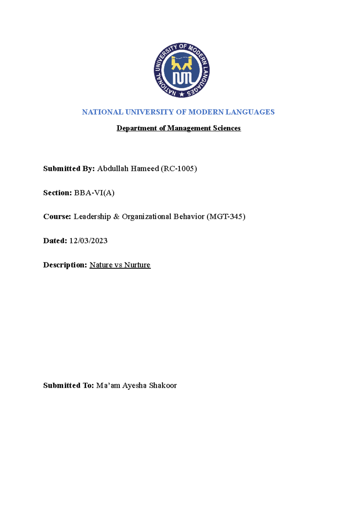 A1 - Nature vs Nurture By Abdullah Hameed (RC-1005) - NATIONAL UNIVERSITY OF MODERN LANGUAGES ...