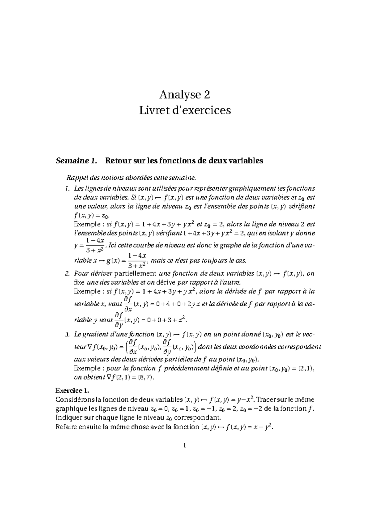 Analyse 2 TD 2024 - Analyse 2 Livret d’exercices Semaine 1. Retour sur ...