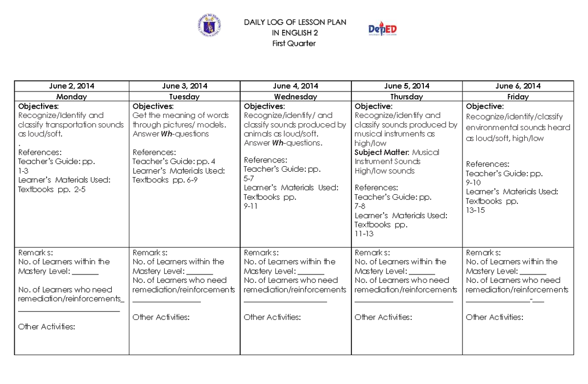 Grade 2 engish dll - DAILY LOG OF LESSON PLAN IN ENGLISH 2 First ...