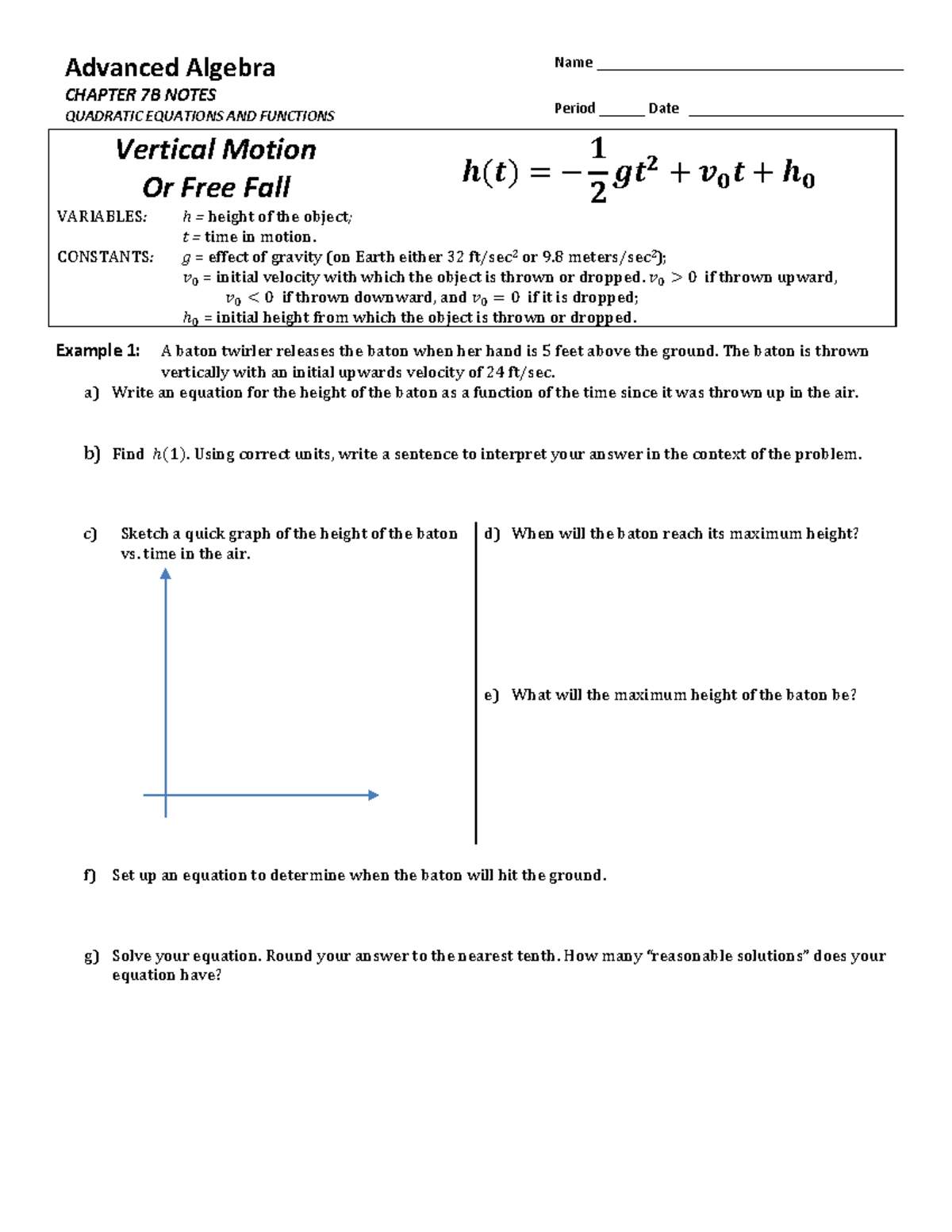 Vertical Motion Notes Remote - Advanced Algebra CHAPTER 7B NOTES ...