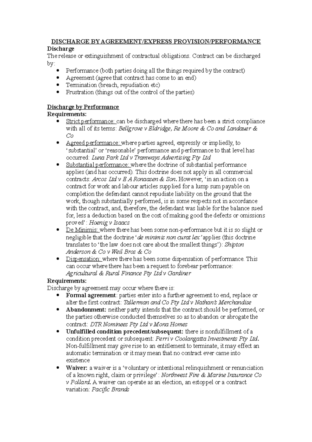 Discharge by Agreement - DISCHARGE Discharge The release or ...