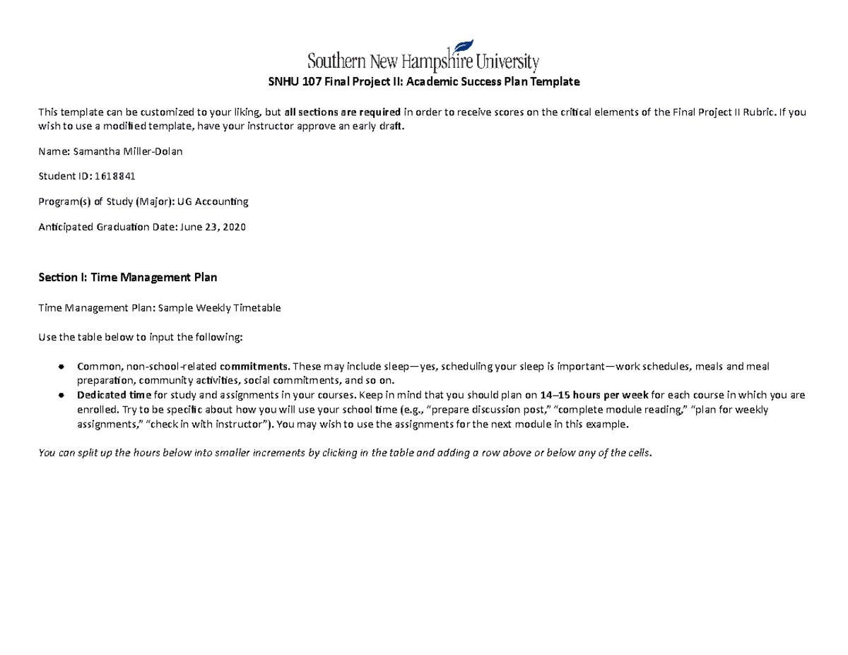SNHU 107 Final Project II Academic Success Plan Template copy - If you ...