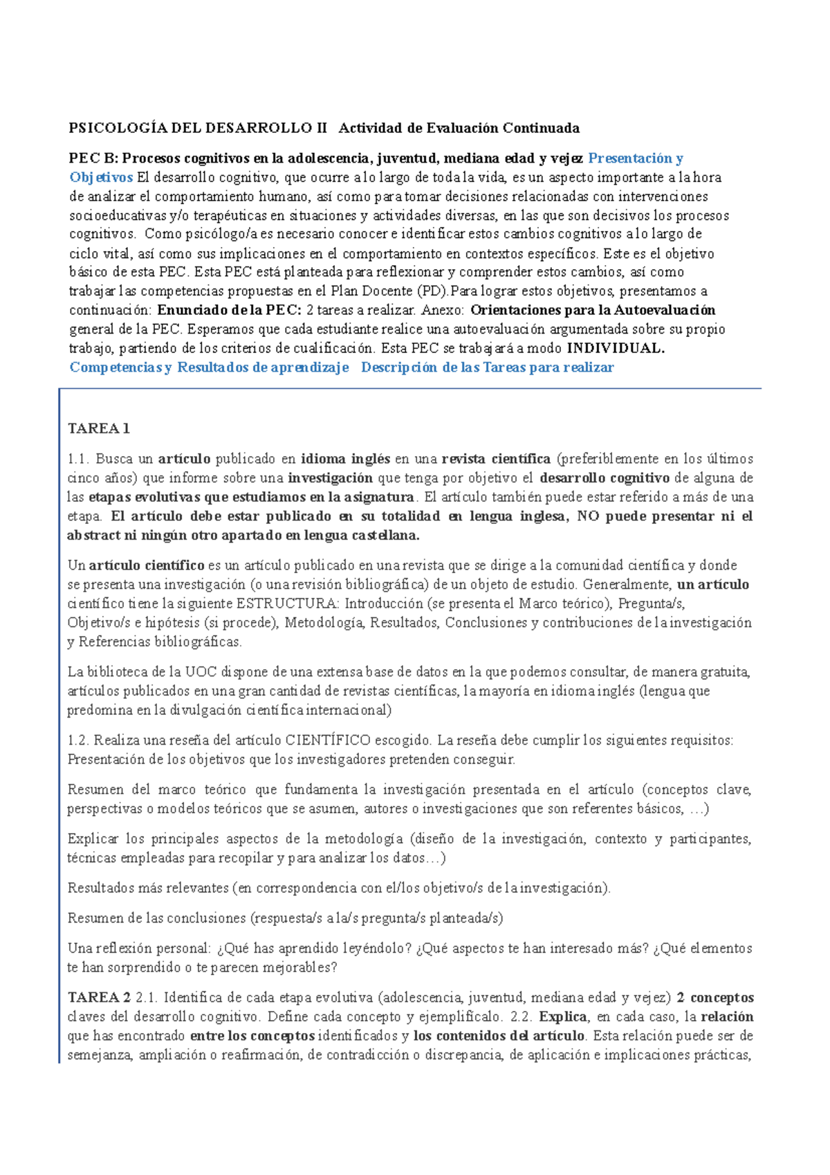 PEC B Enunciado 2020 21 2 - PSICOLOGÍA DEL DESARROLLO II Actividad de Evaluación Continuada PEC ...