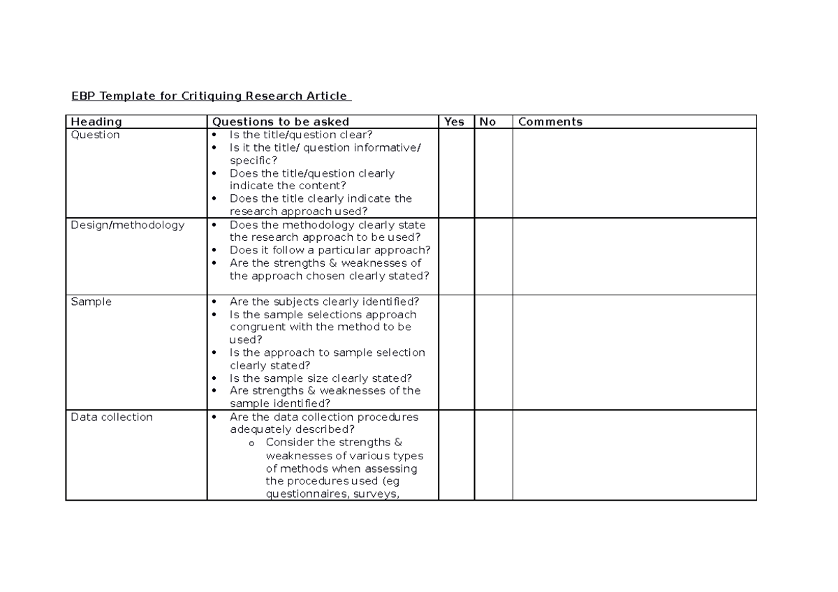 EBP Template for Critiquing Research Article uncompleted - EBP Template ...